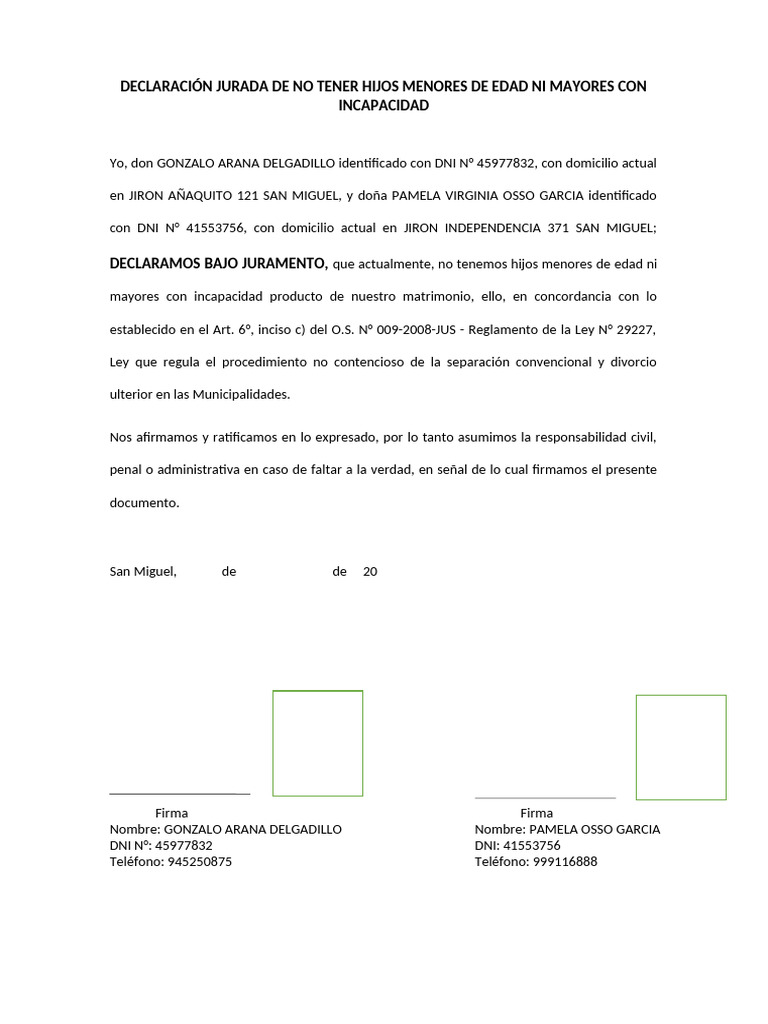 Declaración Jurada de No Tener Hijos Menores de Edad Ni Mayores Con Incapacidad | PDF
