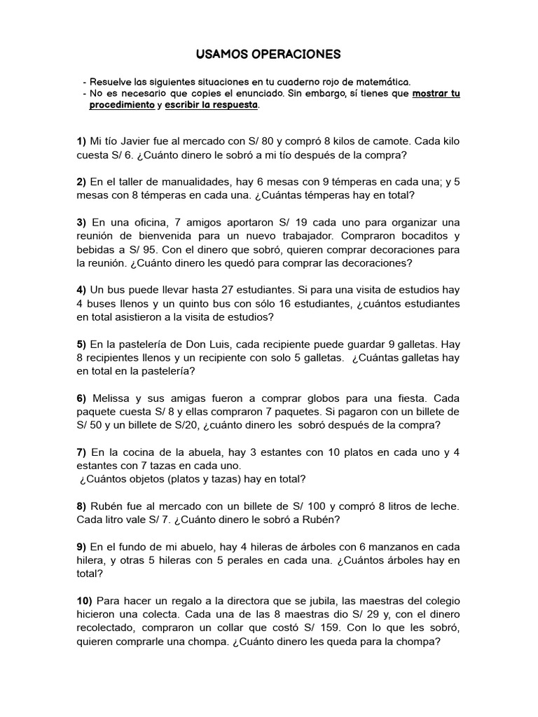 Independent Activity - Usamos operaciones (situaciones problemáticas) | PDF