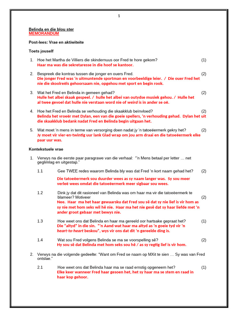 Belinda en Die Blou Ster MEMORANDUM | PDF