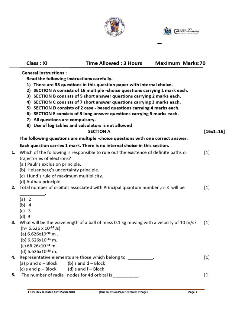 Model Question Paper Chemistry Class Xi 2025 | PDF | Chemical Elements ...