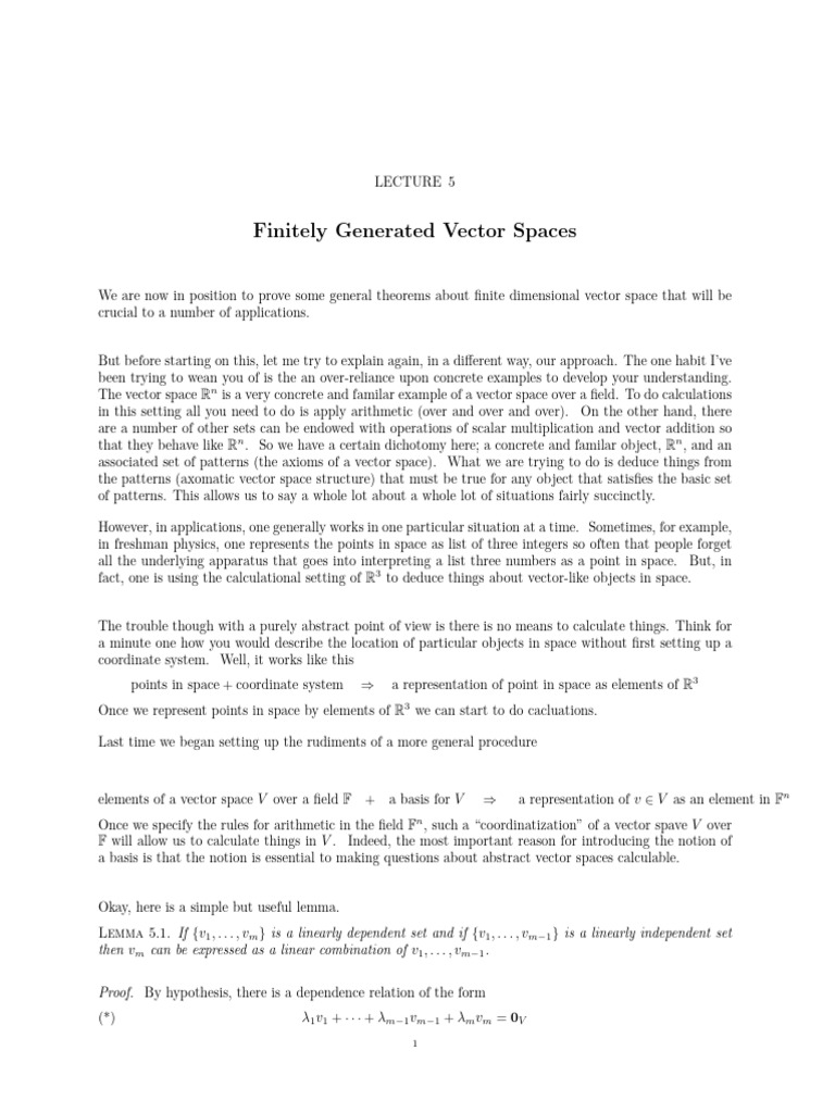 Finitely Generated Vector Spaces | PDF | Basis (Linear Algebra) | Set (Mathematics)