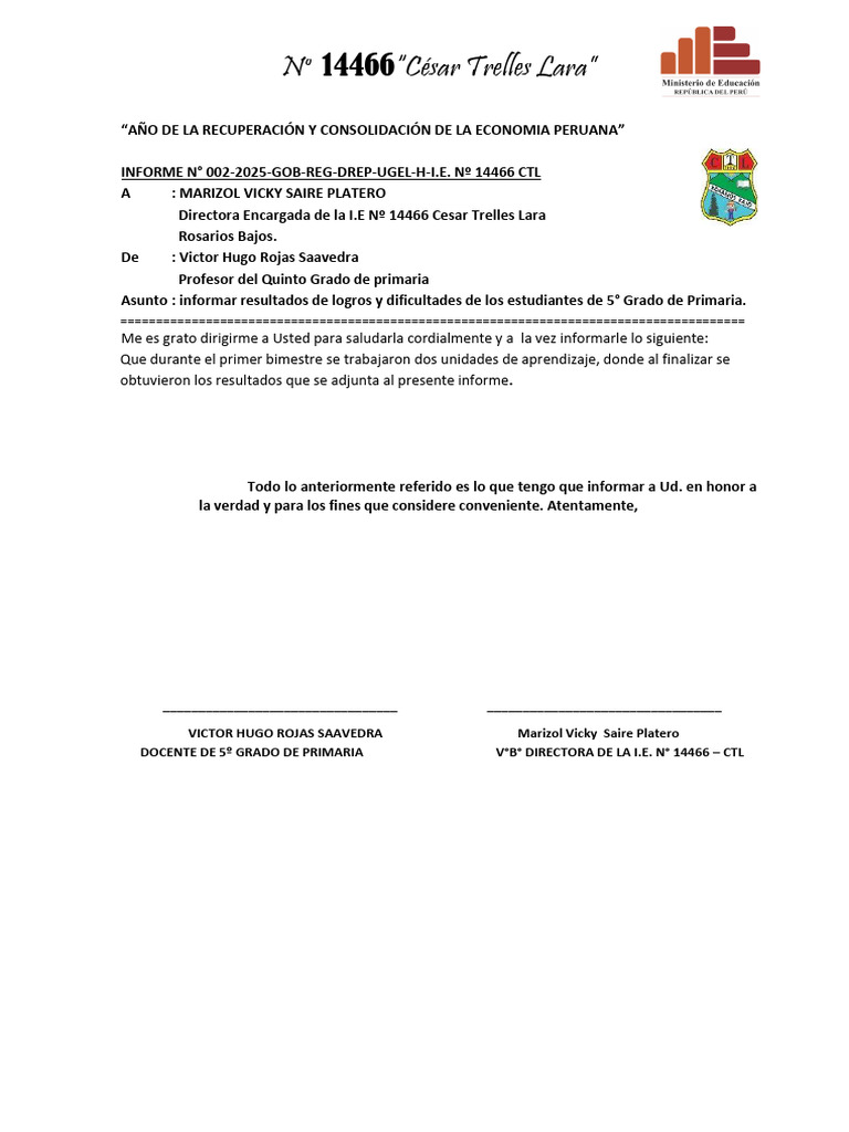 Informe de Logros y Dificultades 5° Grado de Primaria | PDF | Aprendizaje