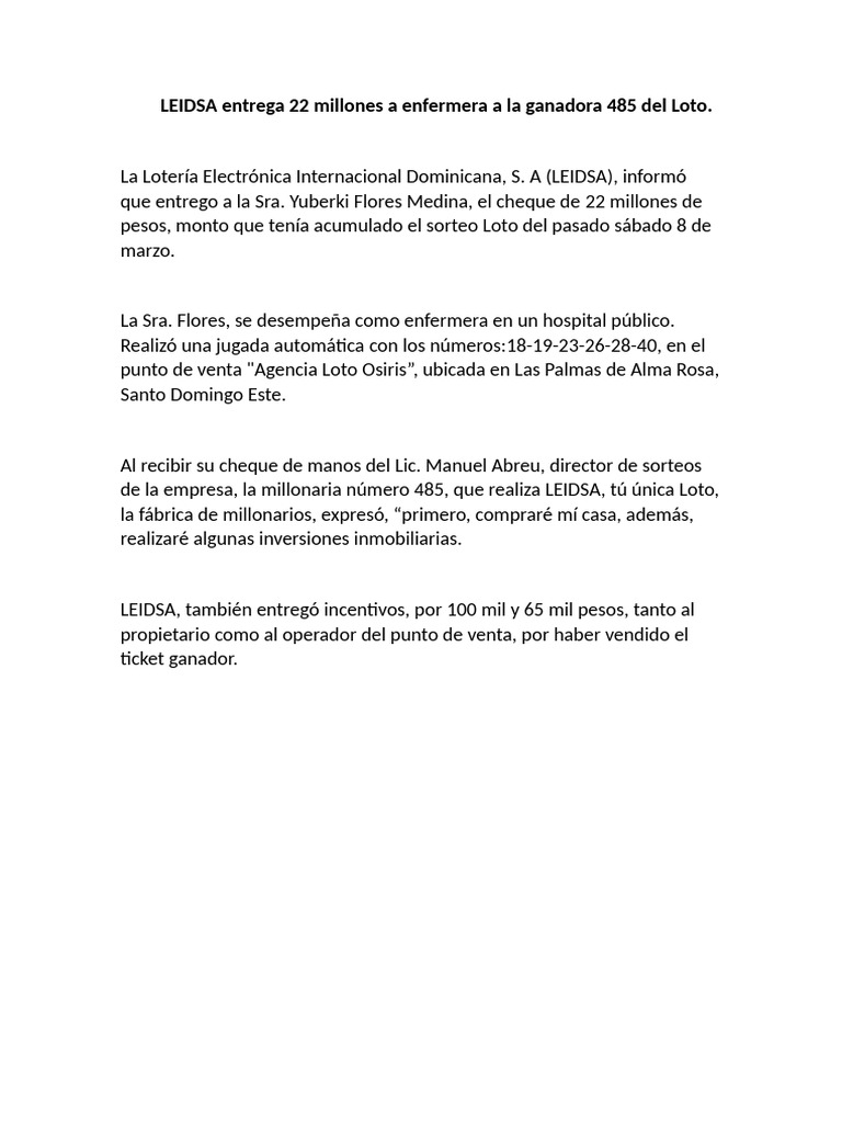 Nota LEIDSA Entrega 22 Millones A Enfermera A La Ganadora 485 Del Loto ...