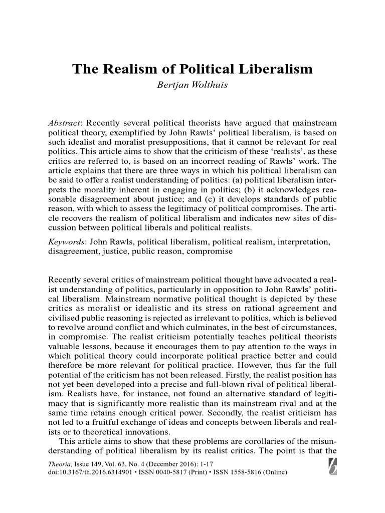 Wolthuis, Bertjan, The Realism of Political Liberalism | PDF | John ...