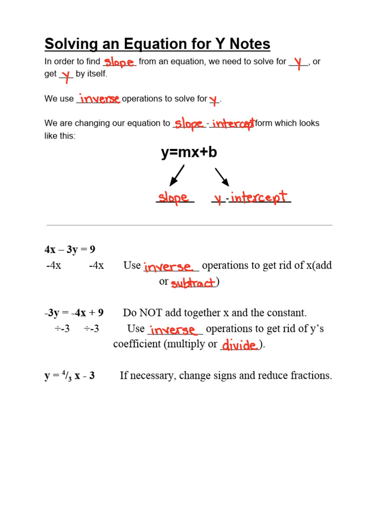 Solving For Y To Find Slope in Linear Equations Notes - 1 | PDF