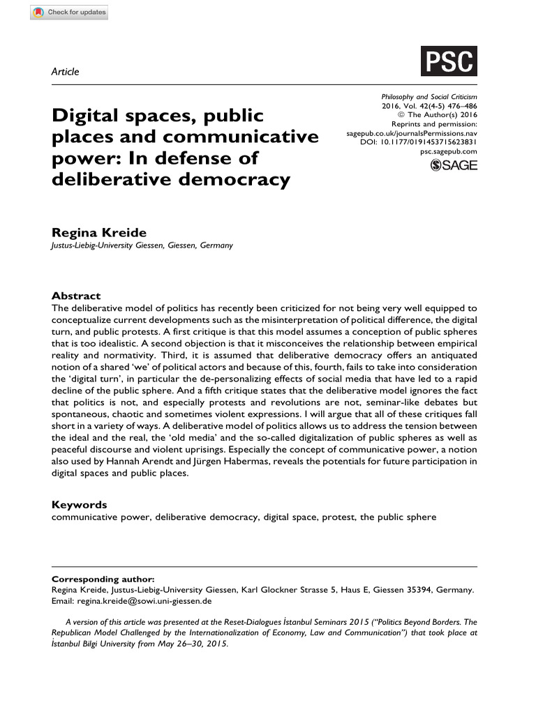 Kreide, Regina, Digital Spaces Public Places and Communicative Power | PDF | Deliberation ...