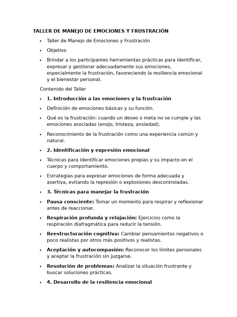 Taller de Manejo de Emociones y Frustración | PDF | Las emociones ...