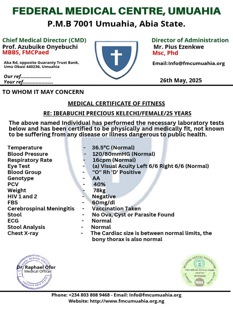 Medical Fitness Certificate for NYSC | PDF | Human Diseases And ...