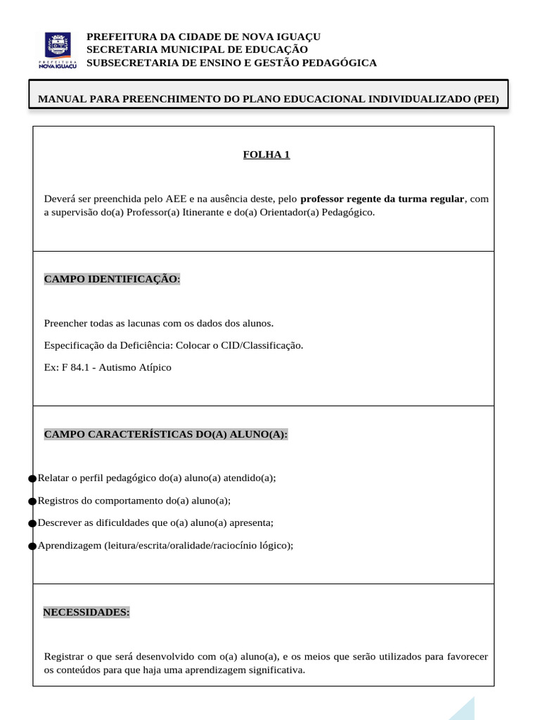 Manual de Preenchimento do PEI | PDF | Pedagogia | Aprendizado