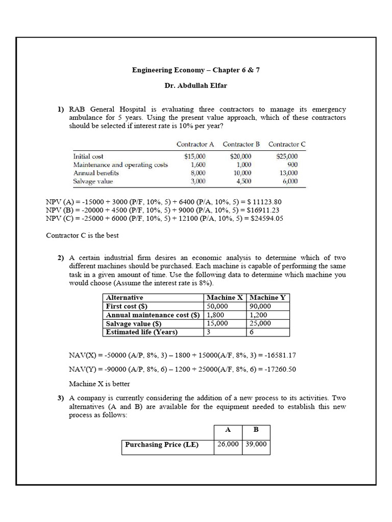 Economy - CH (6-7) Examples Solutions | PDF | Net Present Value | Fuel ...