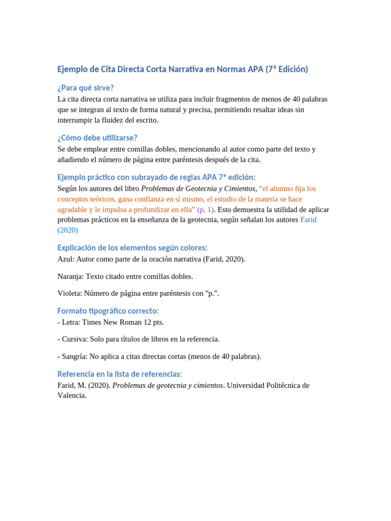 Ejemplo Cita Directa Corta Narrativa Cimentacion APA7 | PDF