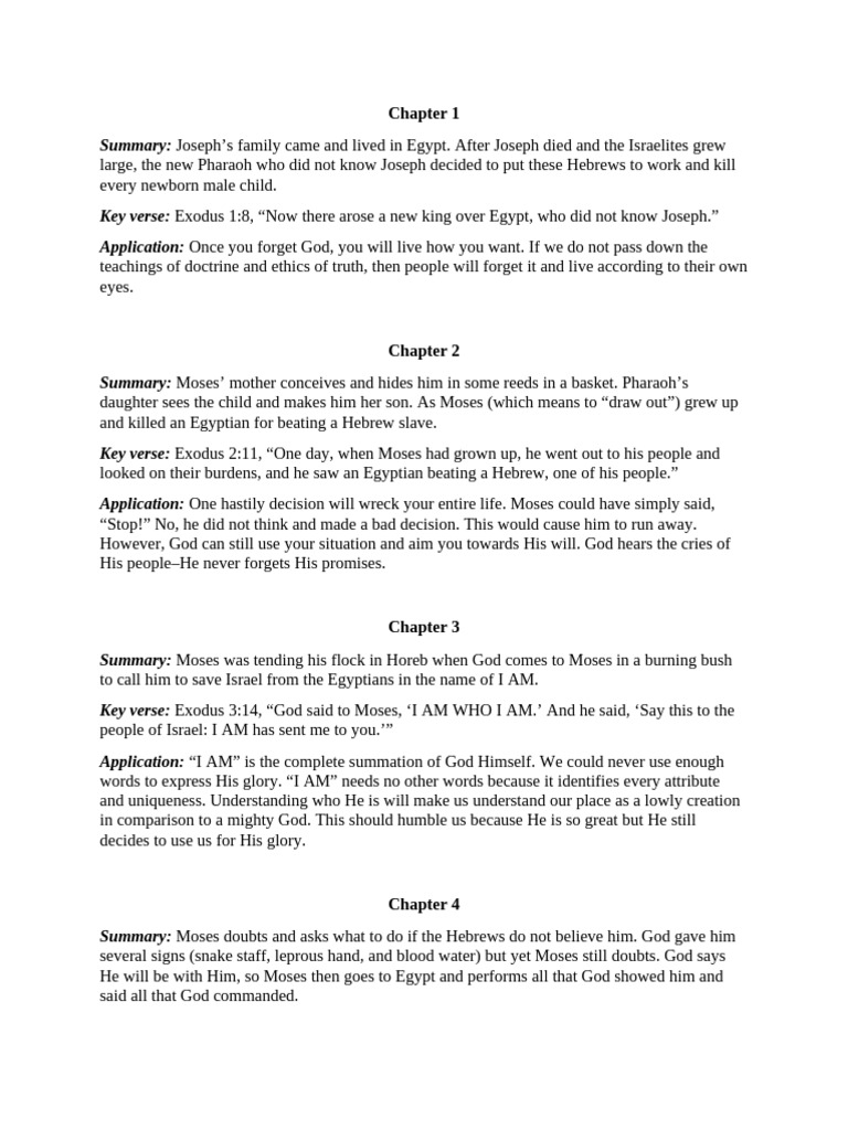 Bible Chapter Summaries Exodus 1-12 | PDF | Book Of Exodus | Moses
