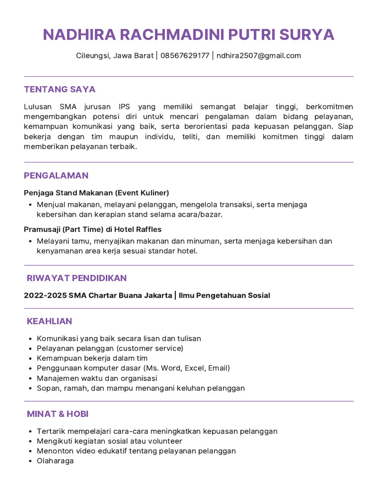 CV Nadhira - 20250514 - 182032 - 0000 | PDF