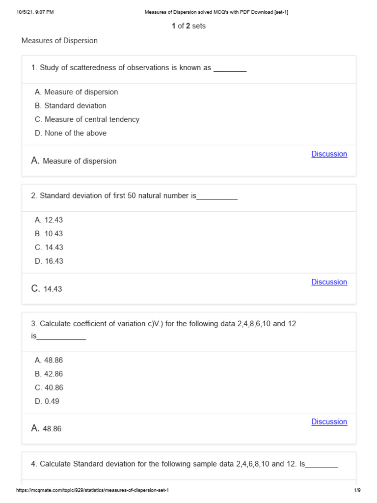 Measures of Dispersion Solved MCQ's With PDF Download (Set-1) | PDF | Variance | Mean