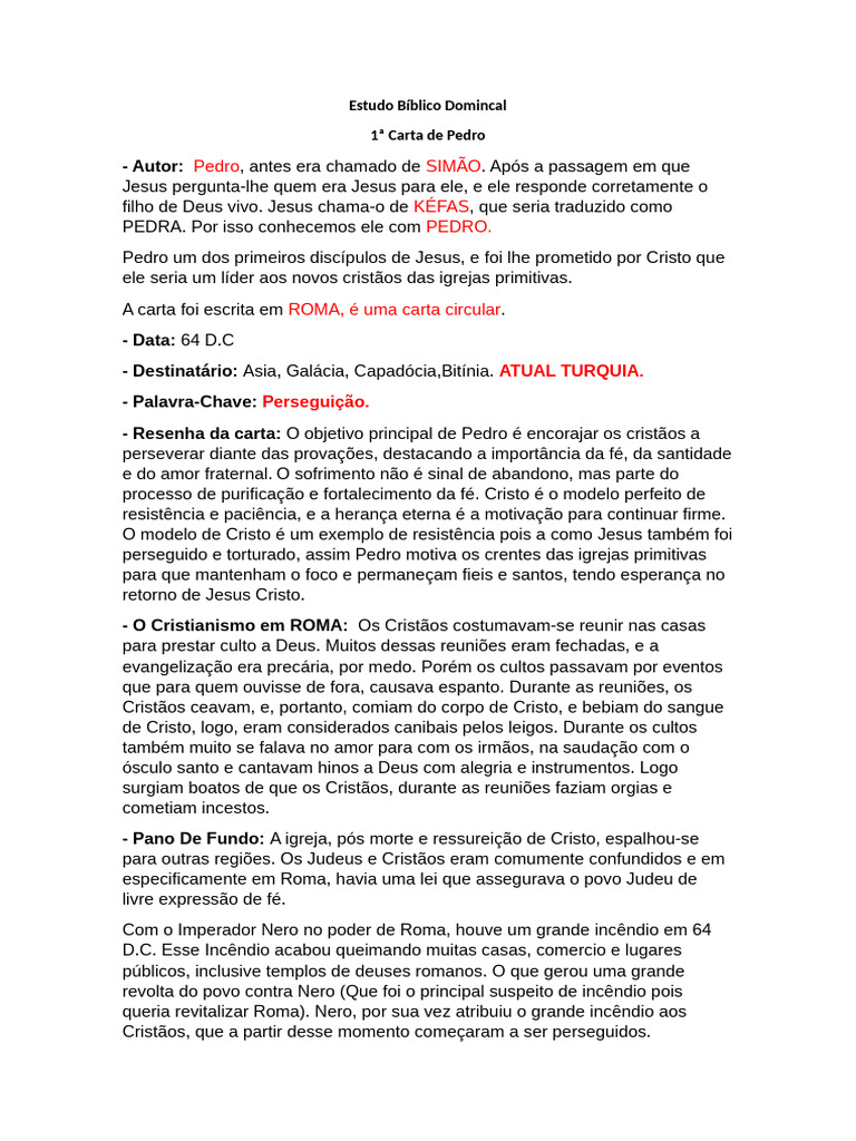 Estudo Bíblico Domincal 1 PEDRO | PDF | Jesus | São Pedro