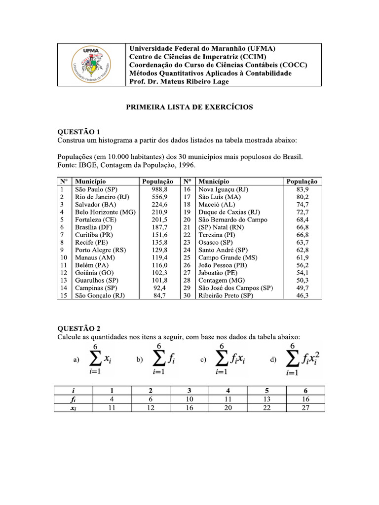 COCC0110 Lista1 25 1A | PDF