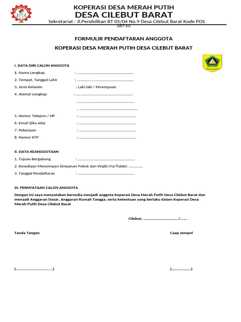 Formulir Anggota KDMP-Cilbar | PDF