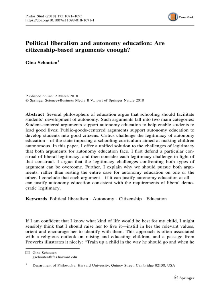Schouten, Gina, Political liberalism and autonomy education, Are ...