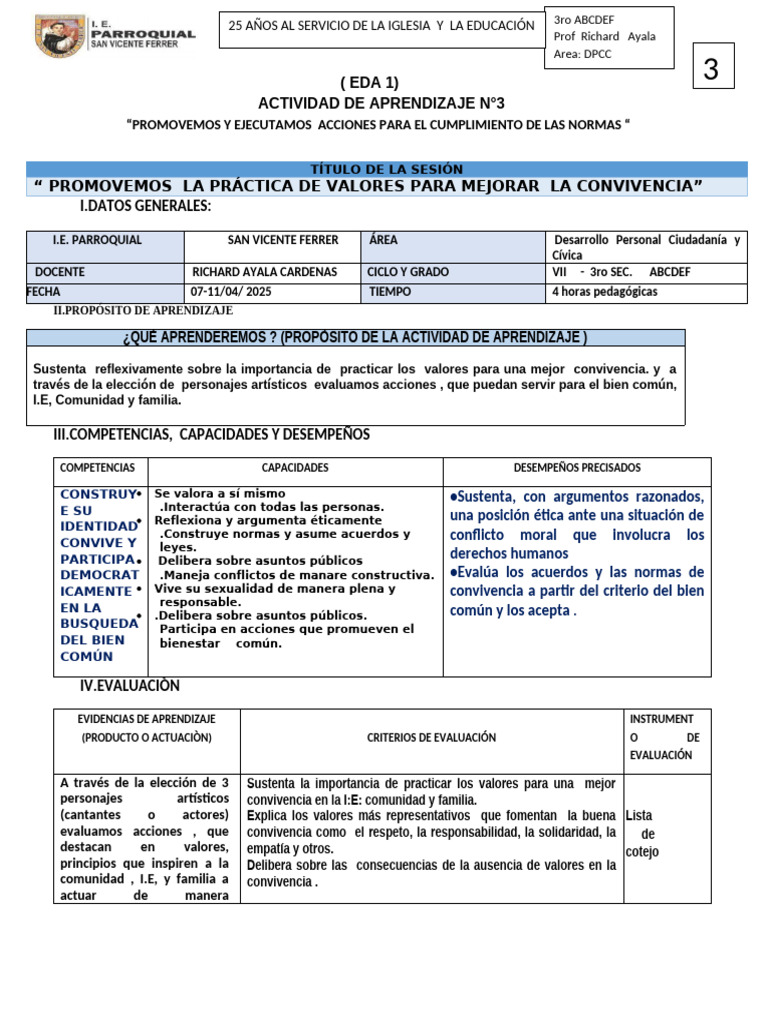 + 3 ACTIVIDAD DE APRENDIZAJE DPCC 2025 . (ULTIMO) | PDF | Evaluación | Justicia
