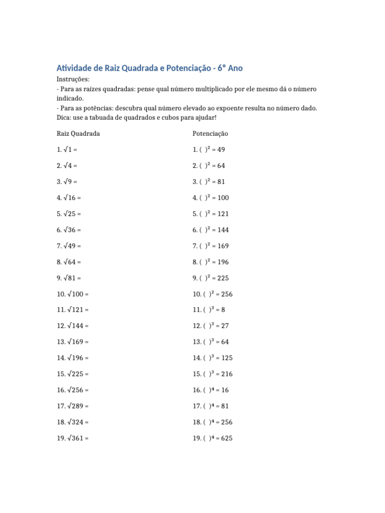 Atividade Raiz Potenciacao 6ano | PDF