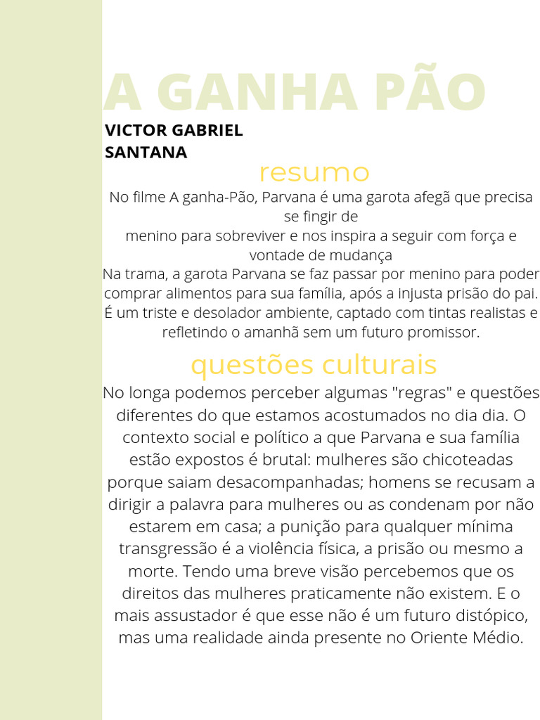 Victor Gabriel - Relatório Do Filme A Ganha Pão | PDF