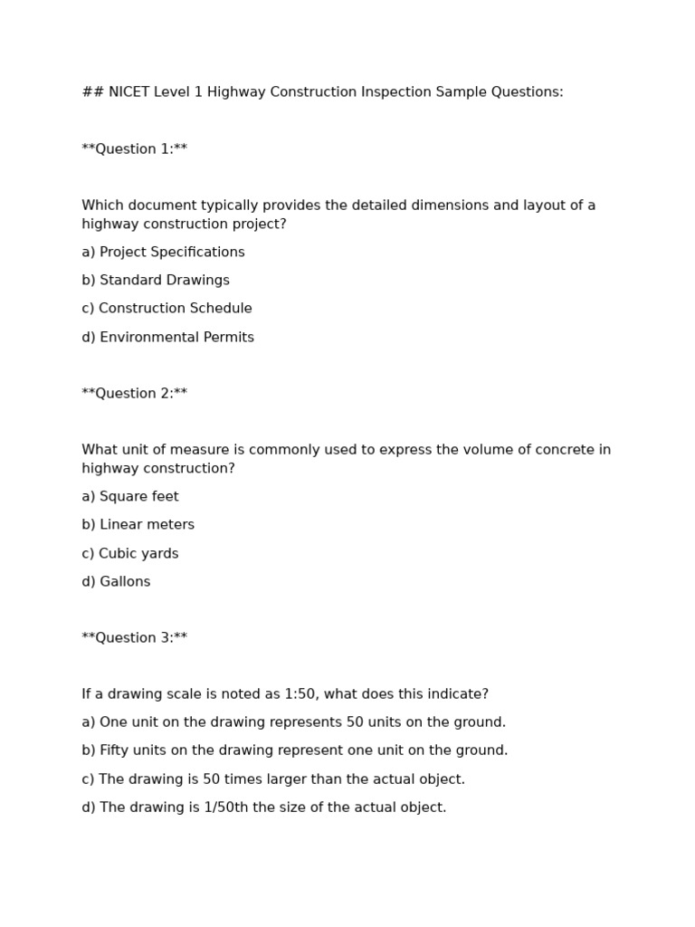 NICET Level 1 Highway Construction Test | PDF | Concrete | Road Surface