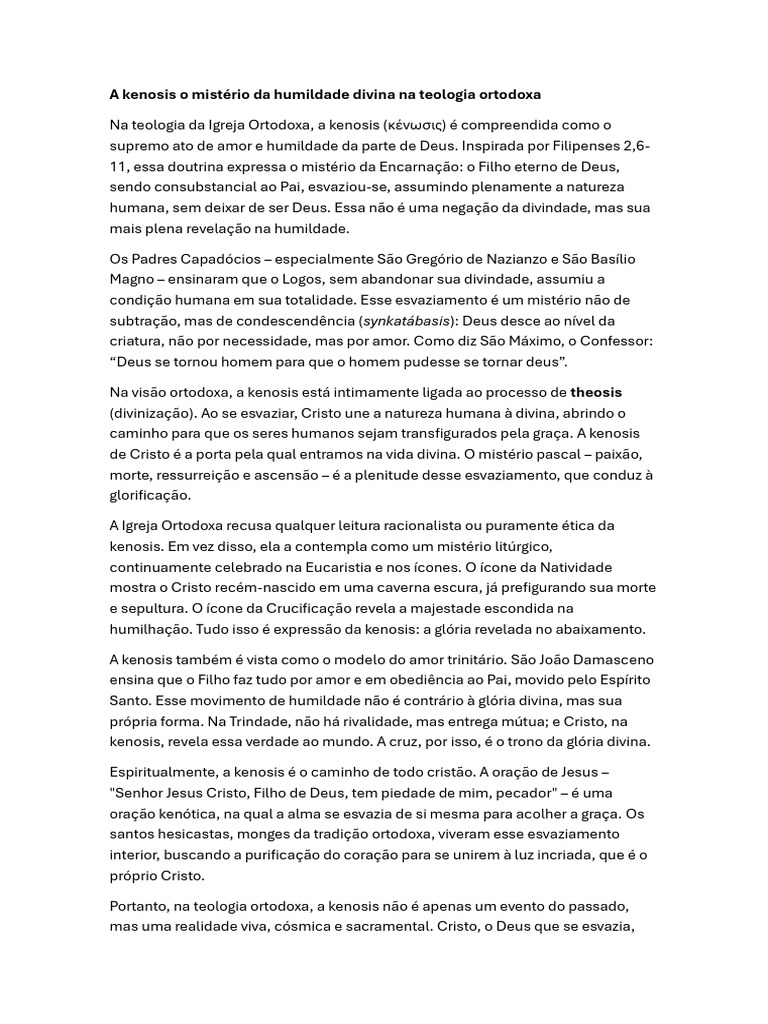 Kenosis: Humildade Divina na Teologia Ortodoxa | PDF | Trindade | Oração