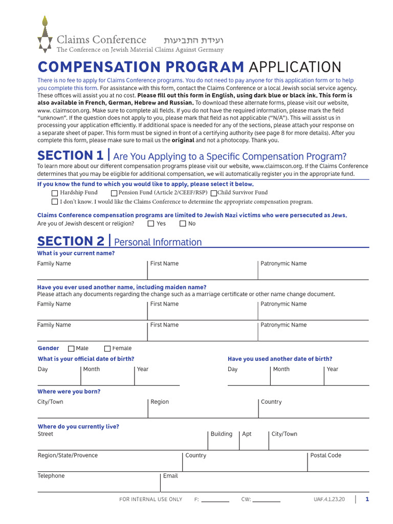 Claims Conference Compensation Application | PDF | Identity Document ...