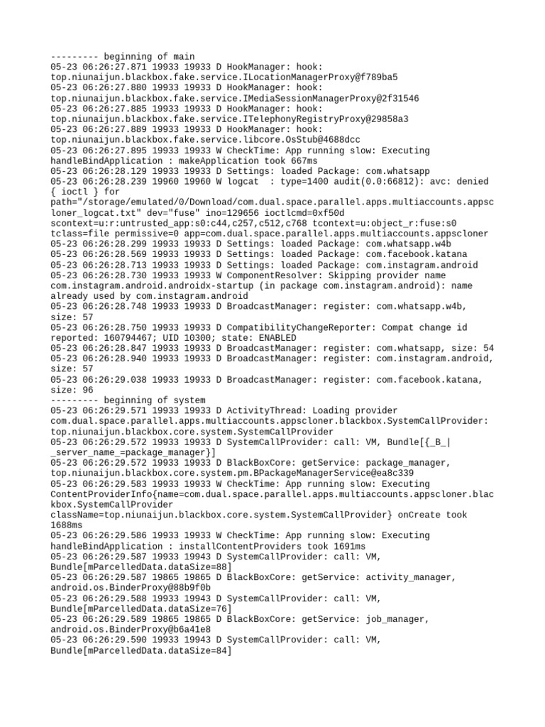 Com - Dual.space - Parallel.apps - Multiaccounts.appscloner Logcat | PDF | Android (Operating ...