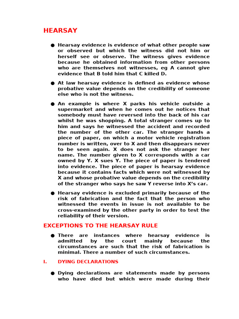 EVIDENCE - HEARSAY EXCEPTIONS | PDF | Hearsay | Hearsay In United ...