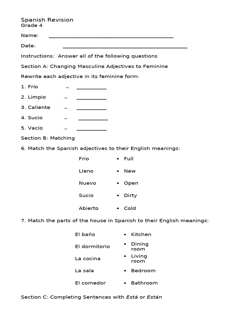 Spanish Revision Grade 4 | PDF