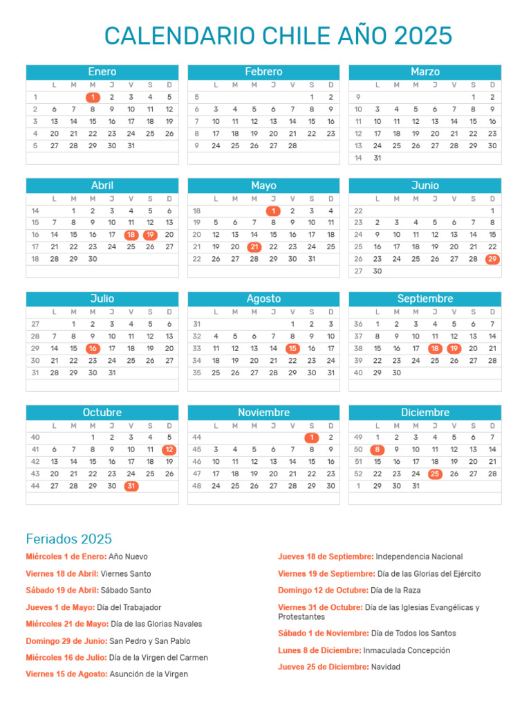 Calendario Chile 2025 con Feriados | PDF