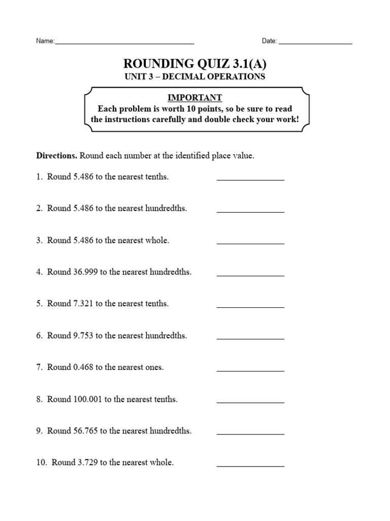 Quiz 3.1A Rounding Decimals | PDF