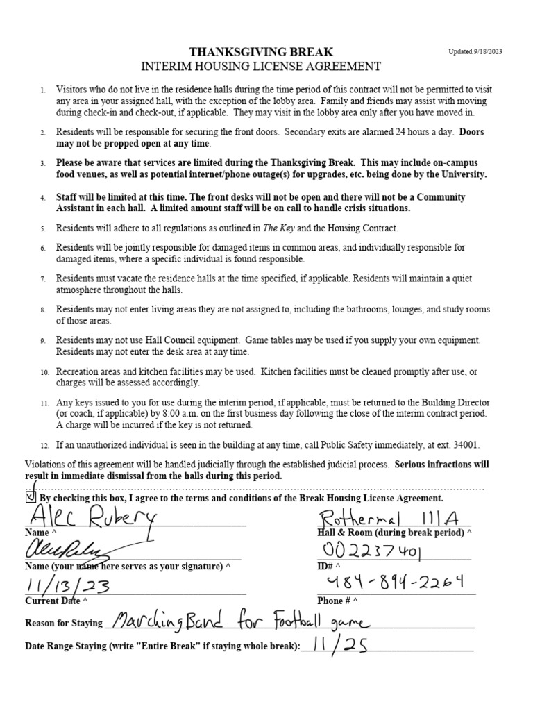 Thanksgiving Break Housing License 2023 Form | PDF