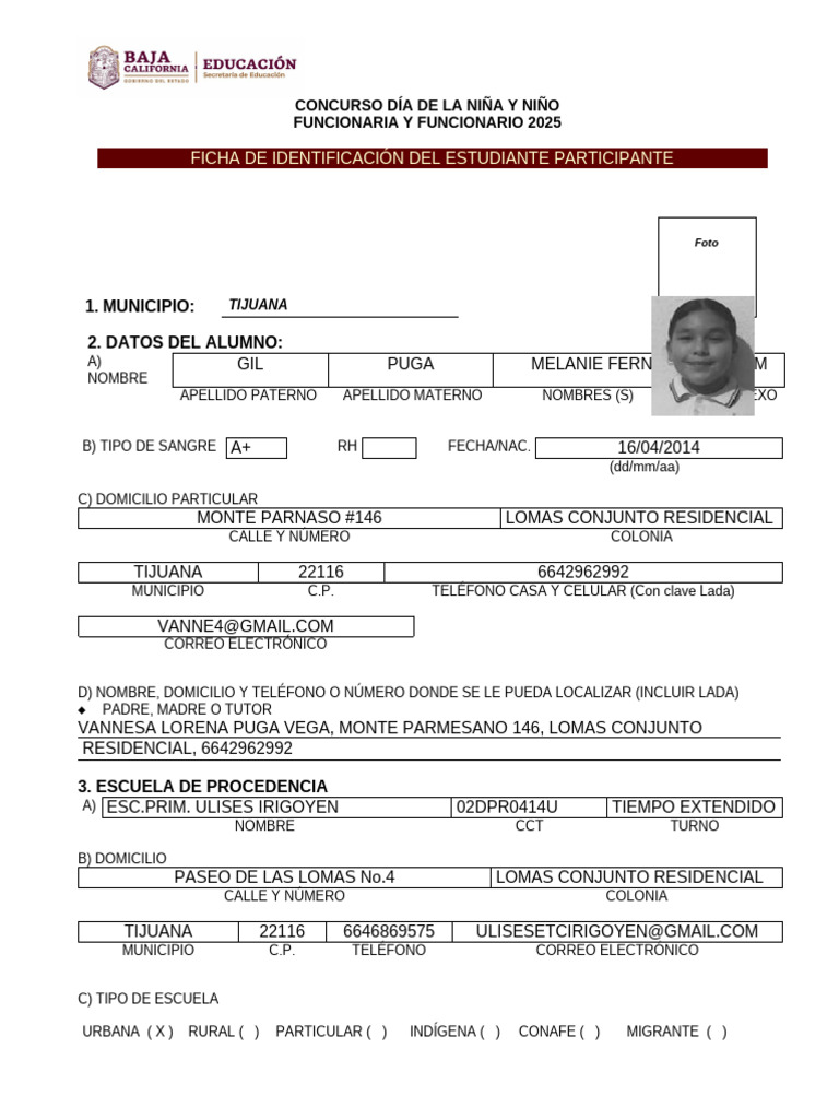 Ficha de Identificación Estudiante 2025 | PDF