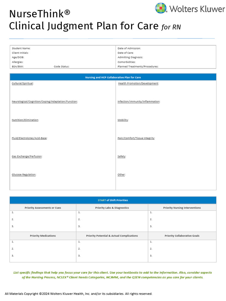 NurseThink Clinical Judgment Plan For Care (RN) | PDF | Medical ...