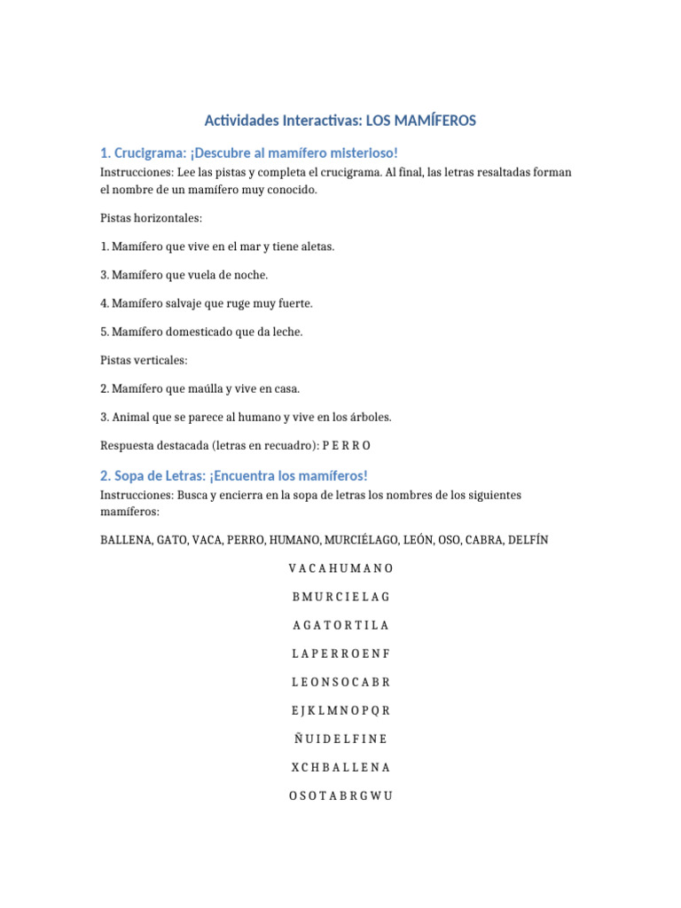 Actividades Mamiferos 4to Grado | PDF
