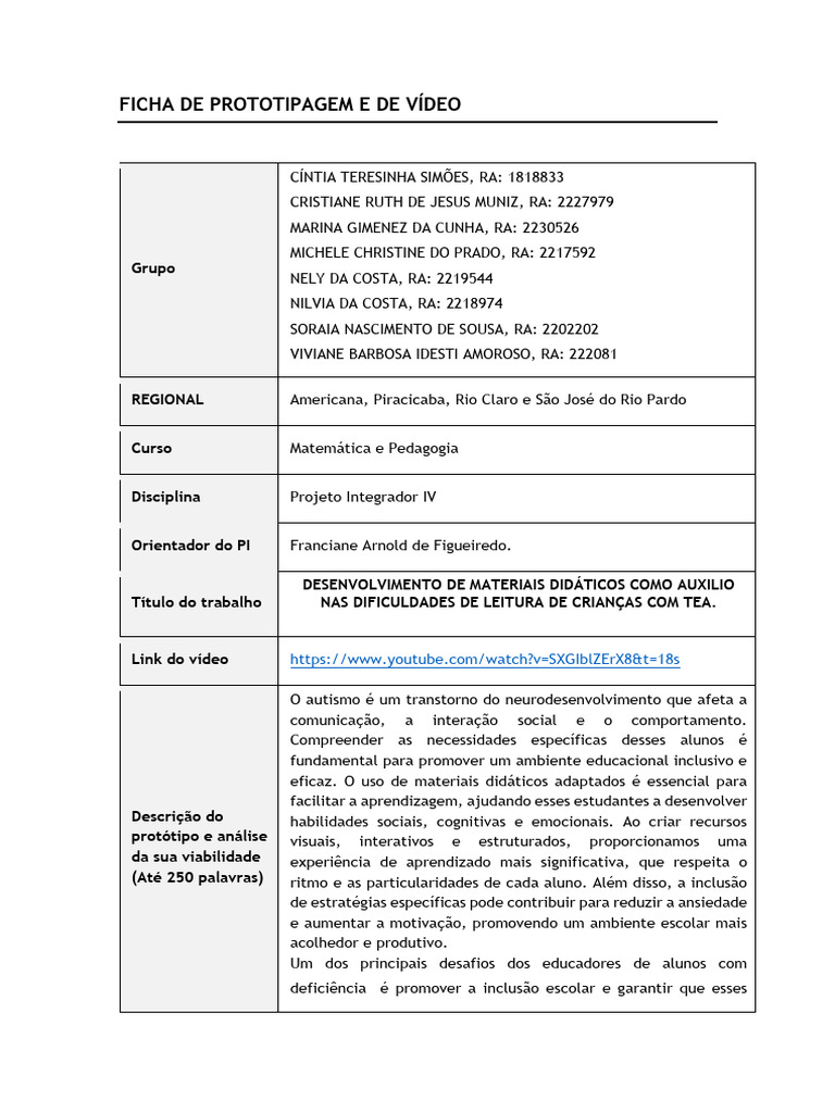 Ficha de Prototipagem e de Vídeo | PDF | Pedagogia | Aprendizado