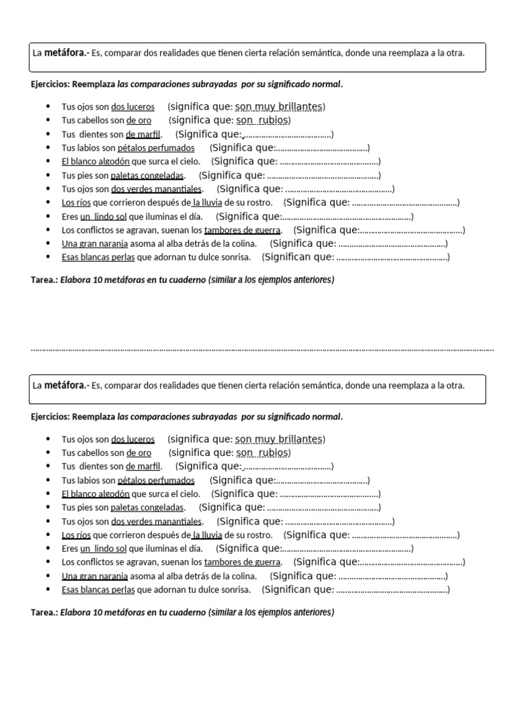 Ejercicios Con METAFORAS | PDF | Metáfora | Técnicas Retóricas