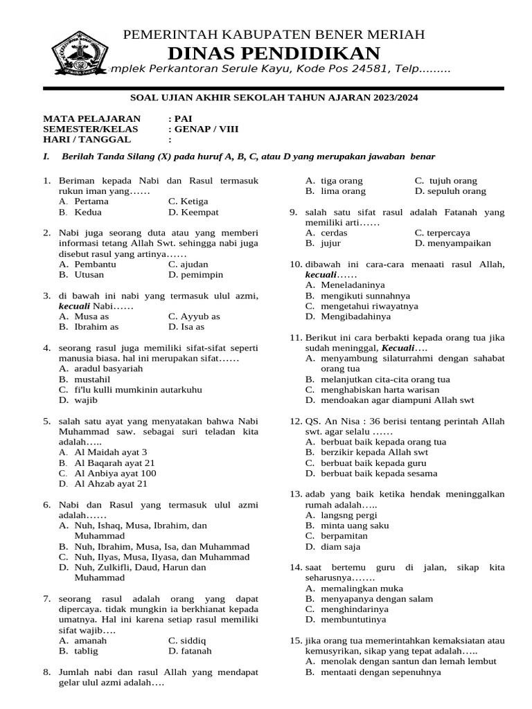 SOAL Pai Kelas 8 VIII Semester Genap 2024 | PDF
