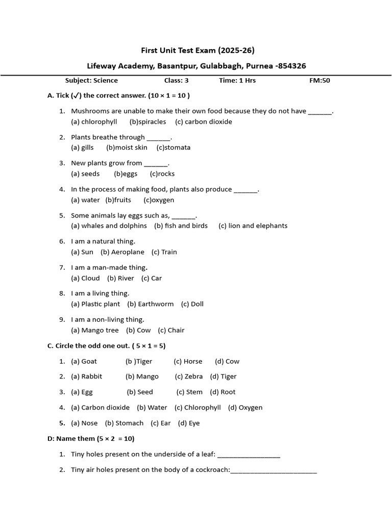 Science Unit Test for Class 3 | PDF