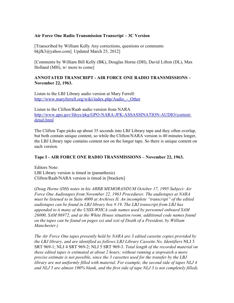 Air Force One Radio Transmission Transcript c3 Annotated | PDF | John F ...