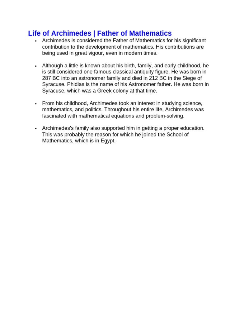 Life of Archimedes Father of Mathematics | PDF