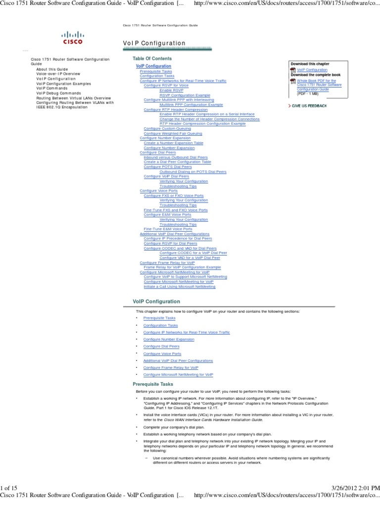 Cisco 1751 Router Software Configuration Guide - VoIP Configuration ...