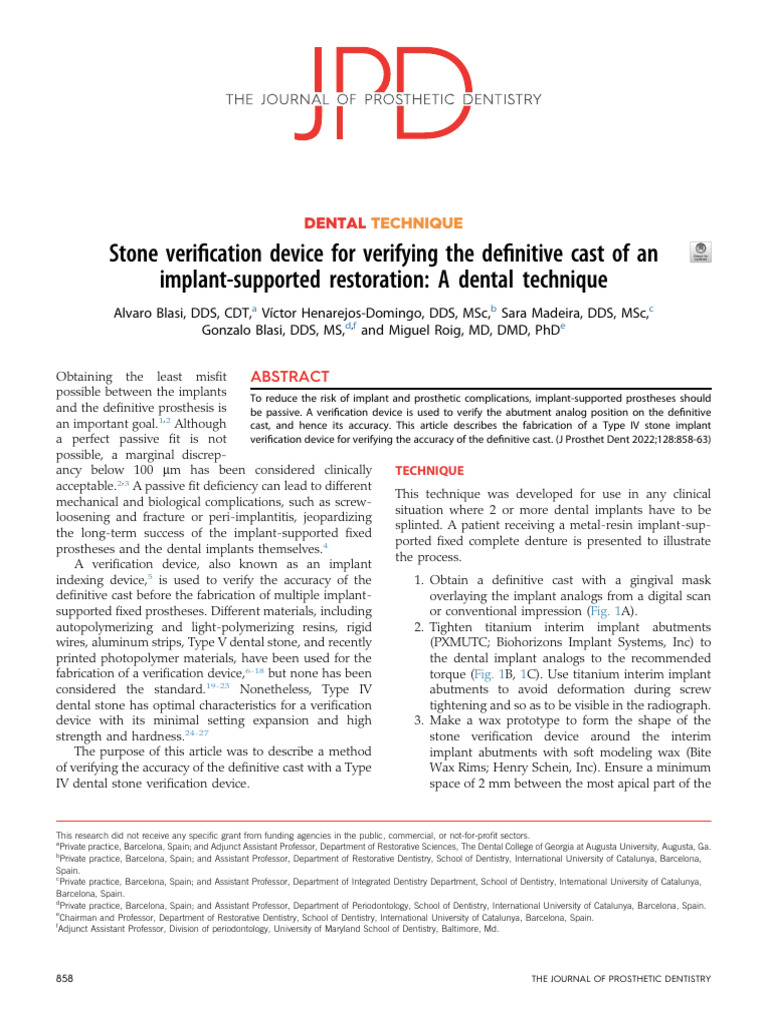 Blasi Et Al Stone Verification Device For Verifying The Definitive Cast ...