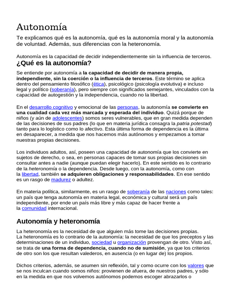 Autonomía vs Heteronomía: Definiciones y Ejemplos | PDF | Autonomía ...