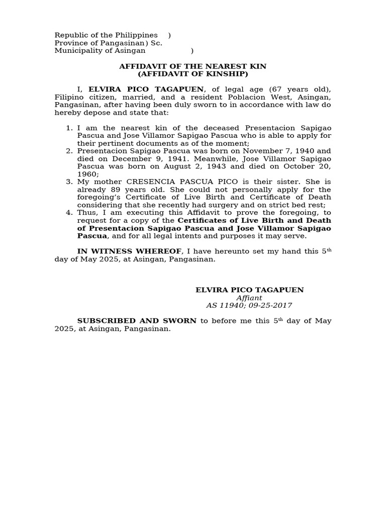 Affidavit of Nearest Kin_Lolita Gurtiza Nisperos | PDF