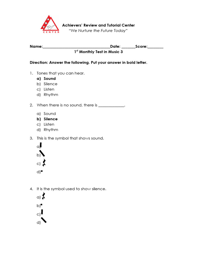 1st Monthly Test in Music3 | PDF