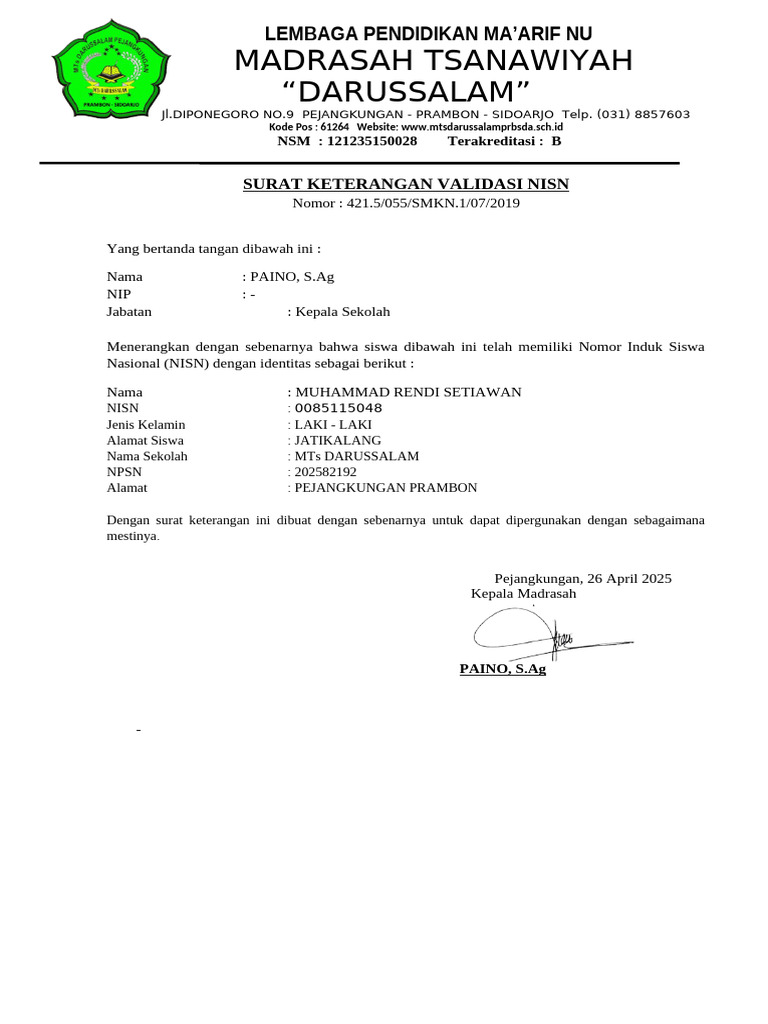 surat validasi NISN | PDF