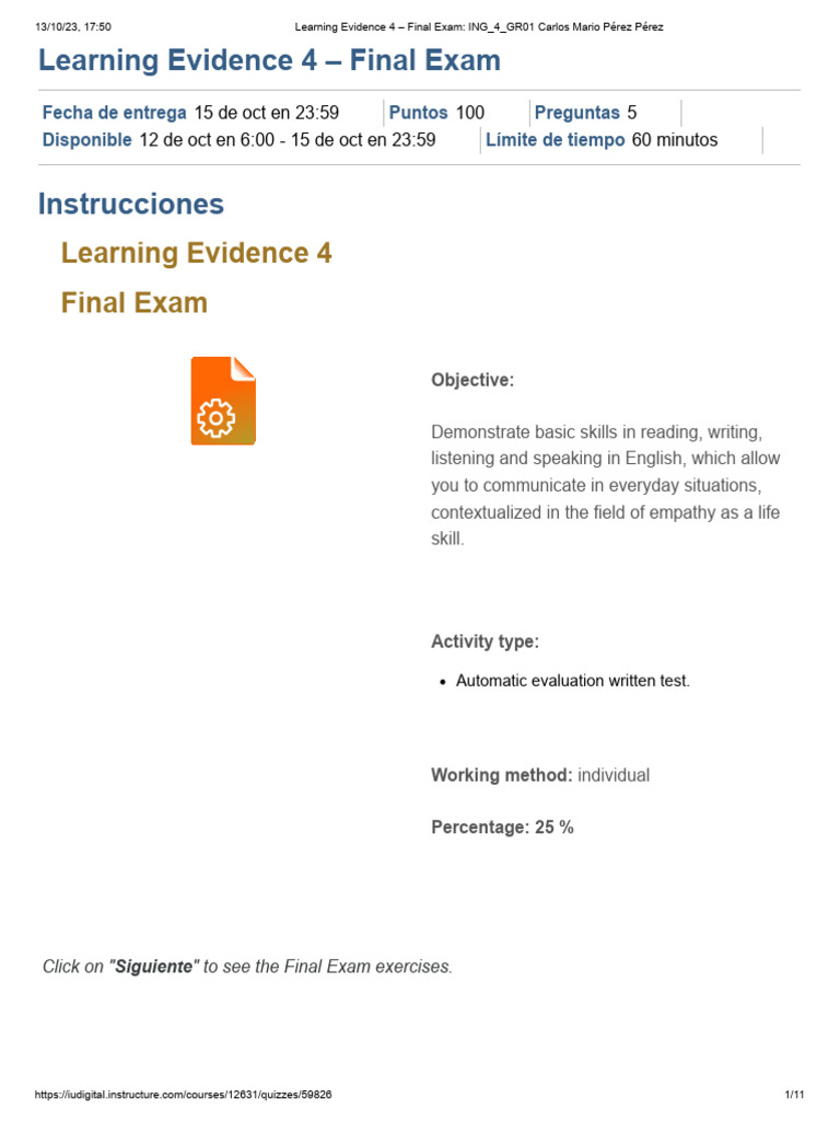 Learning Evidence 4 - Final Exam - ING - 4 - GR01 Carlos Mario Pérez Pérez | PDF | Linguistics ...